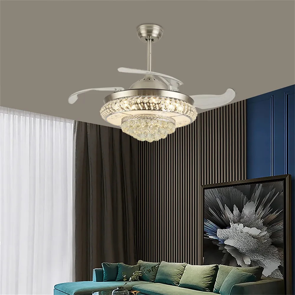Modern Retractable Crystal Ceiling Fan with Light and Remote Control